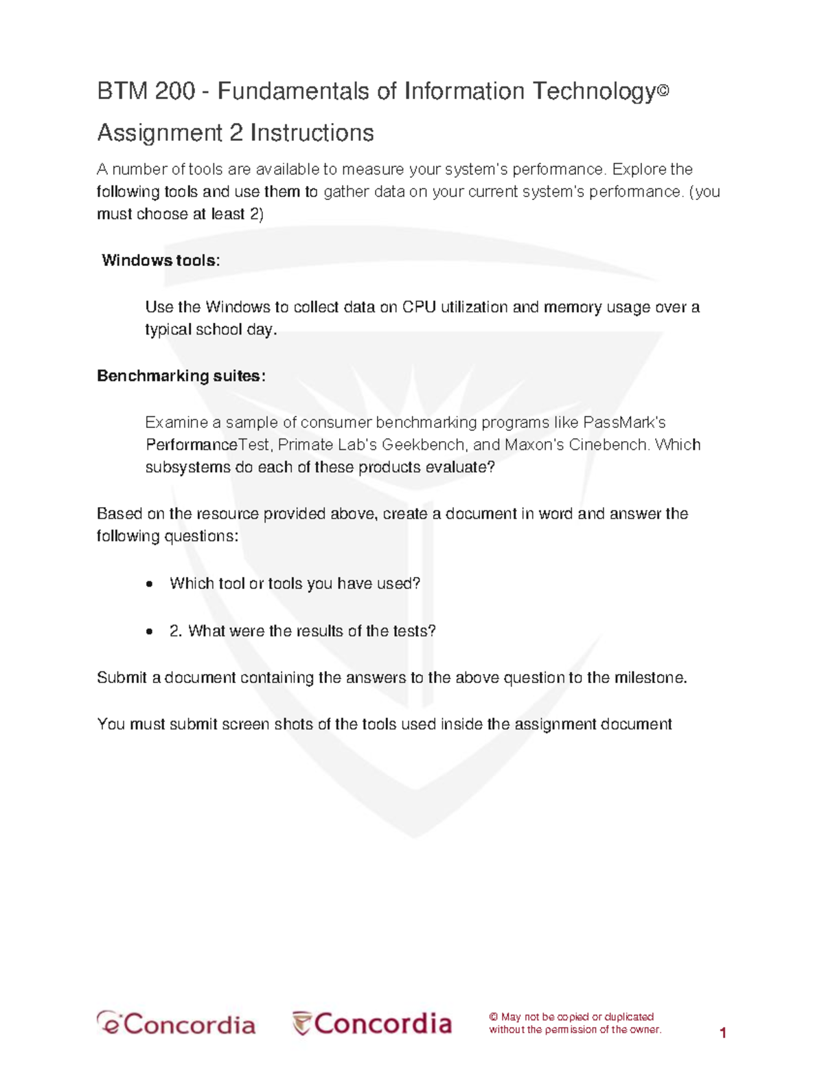 BTM 200 Assignment 2 Instructions - 1 © May not be copied or duplicated without the permission ...