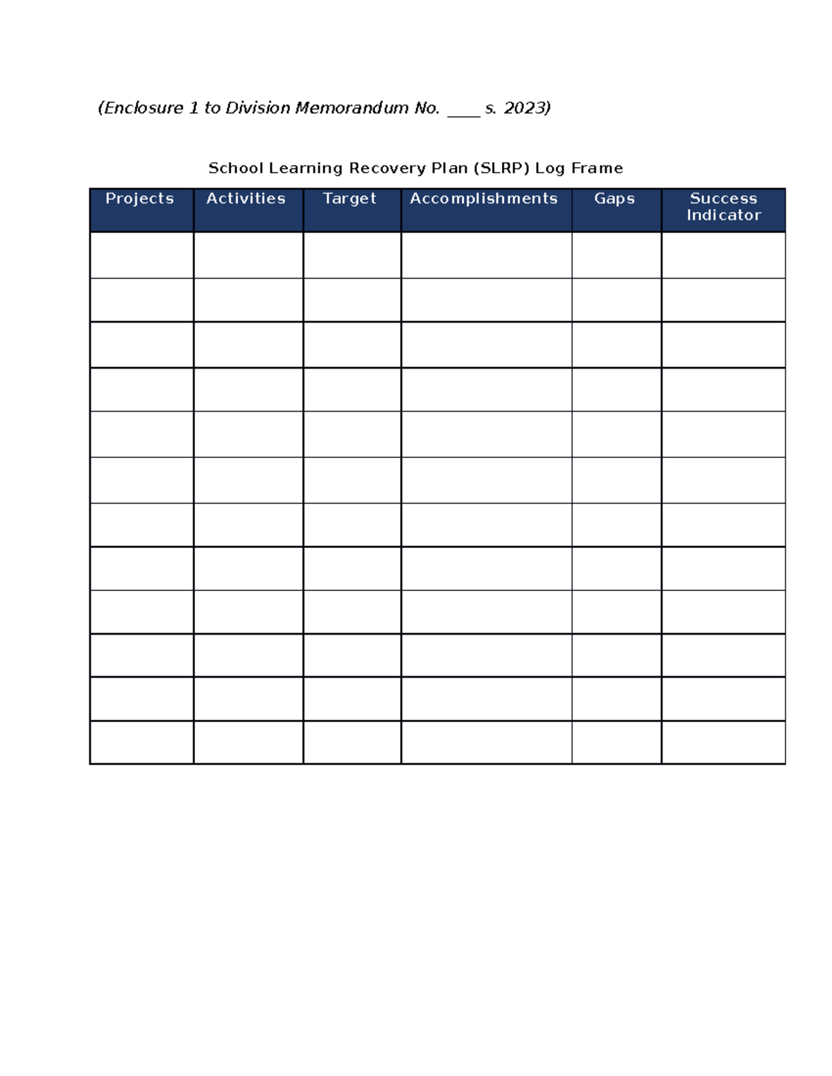 SLRP-Log Frame - Planning - (Enclosure 1 to Division Memorandum No ...