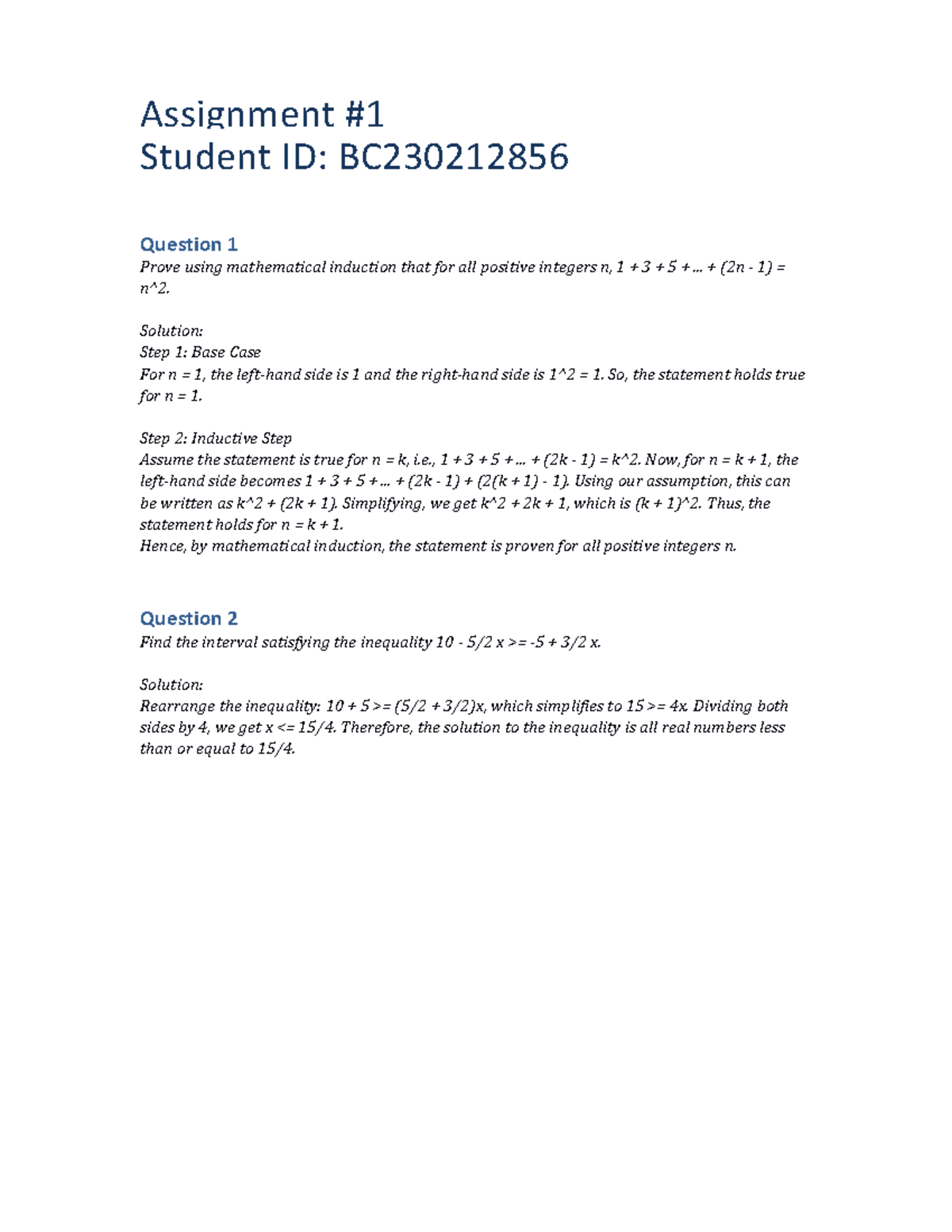 MTH104 Solution - Summary Calculus - Assignment Student ID: BC Question 1 Prove using ...