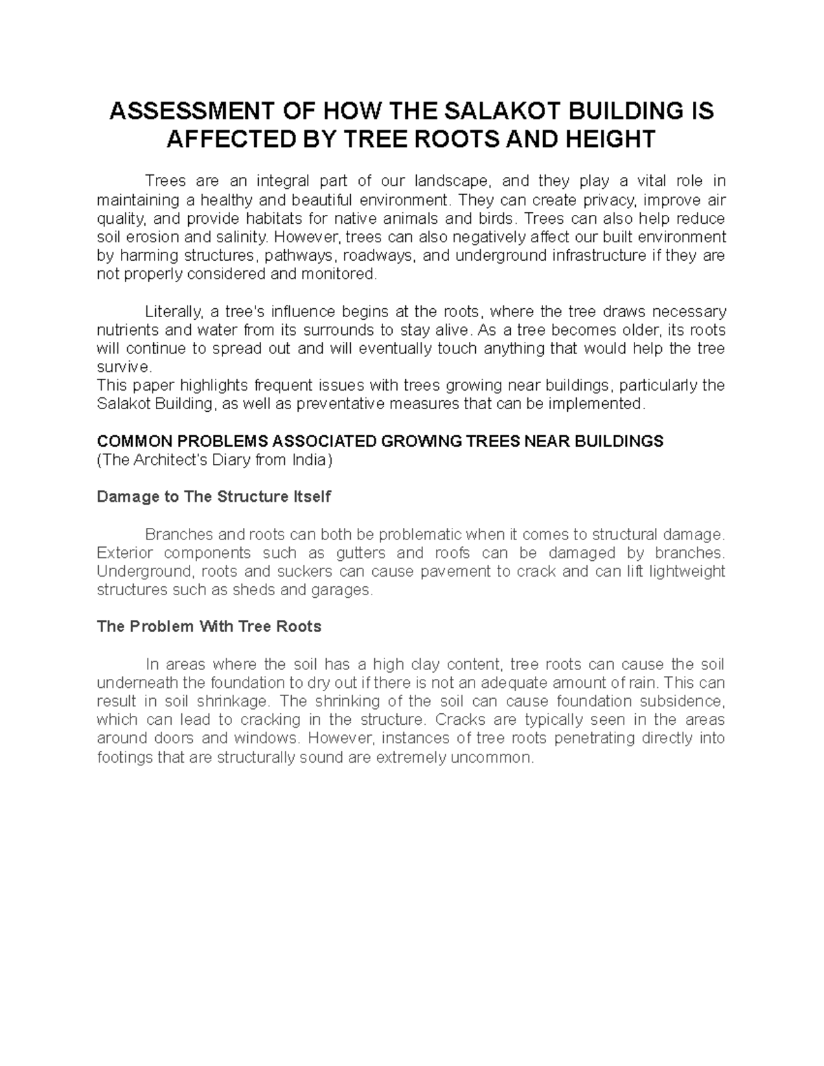 Assessment OF HOW THE Salakot Building IS Affected BY TREE Roots AND ...