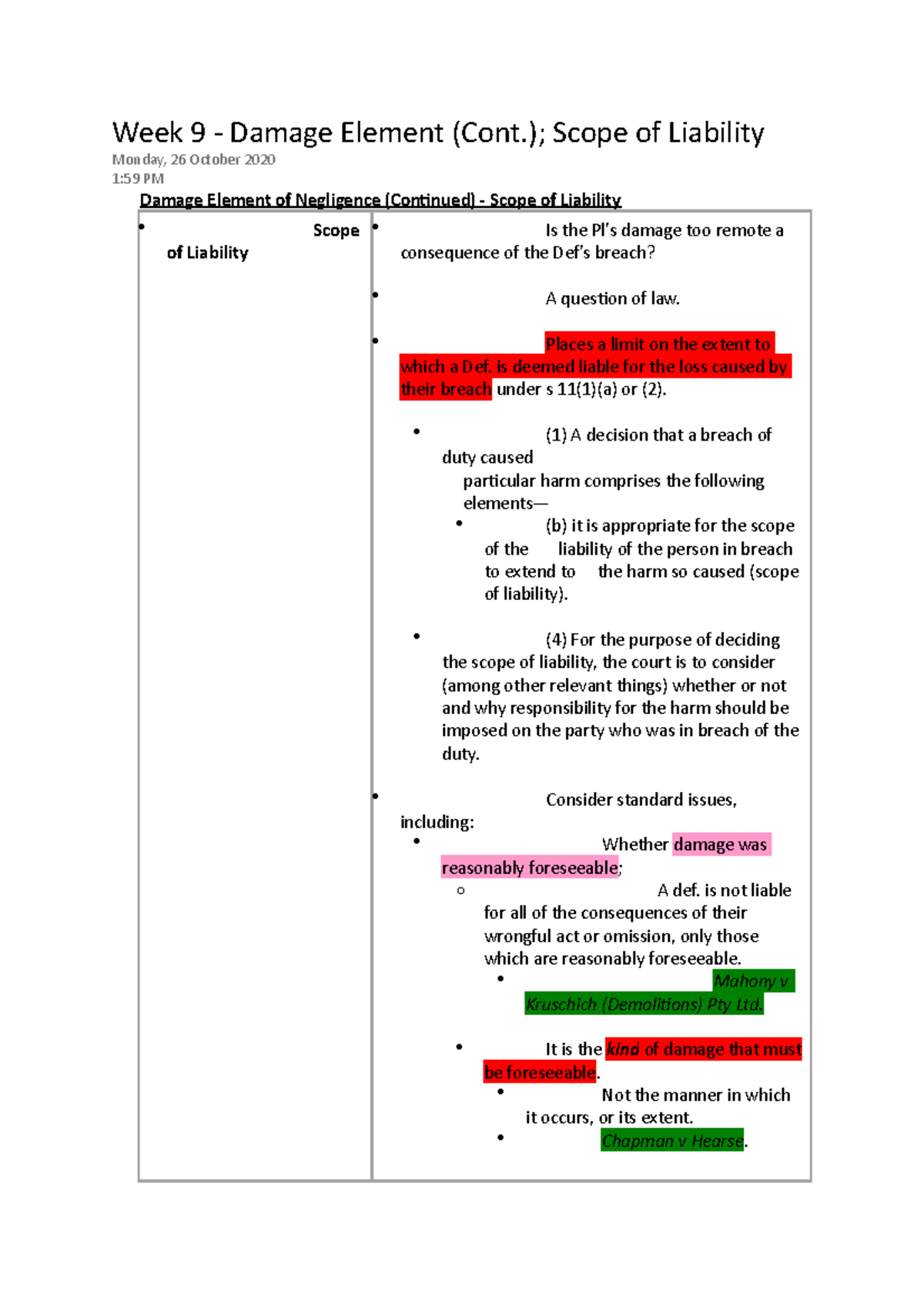 Week 9 - Damage Element (Cont.) Scope of Liability - Week 9 - Damage ...