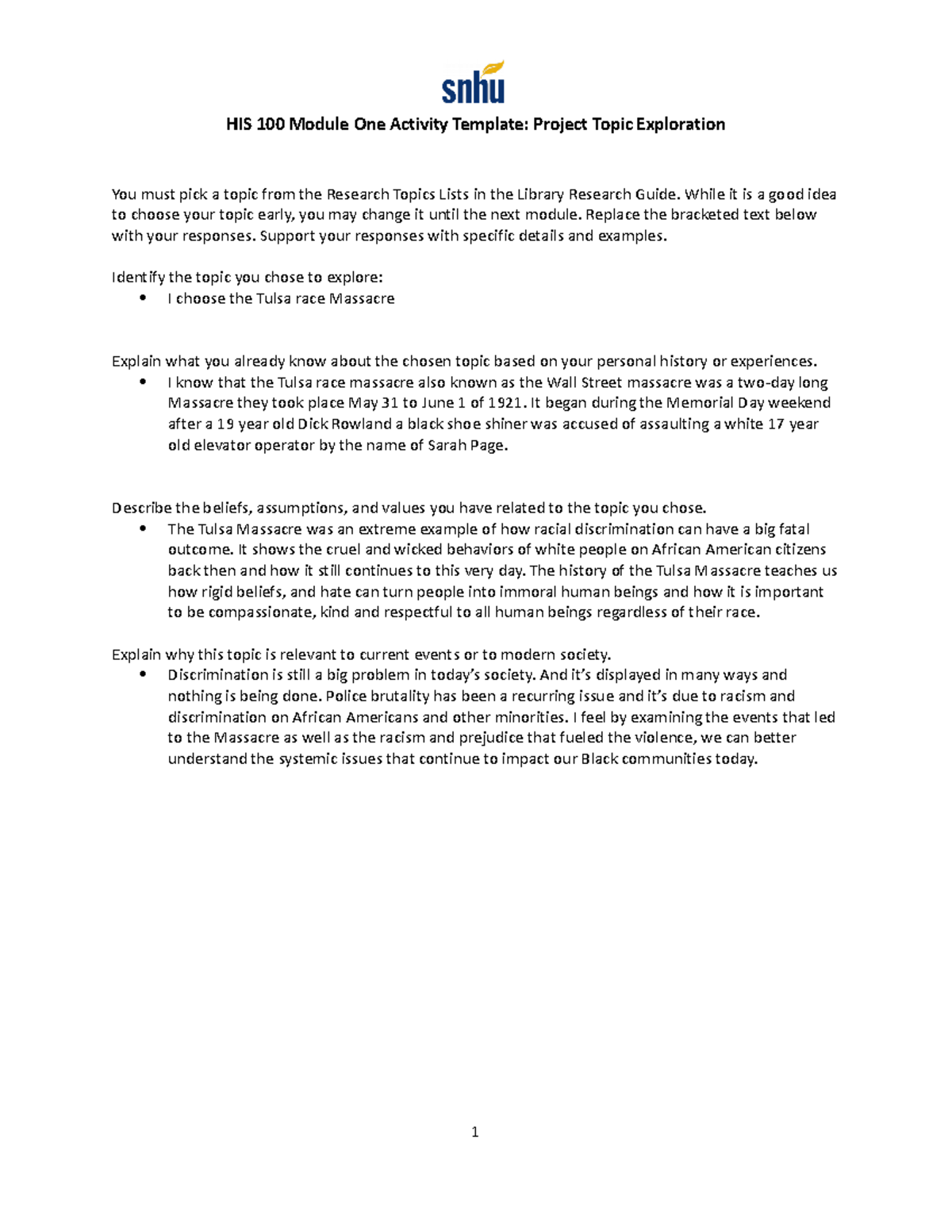 HIS 100 Module One Activity Template - While it is a good idea to ...