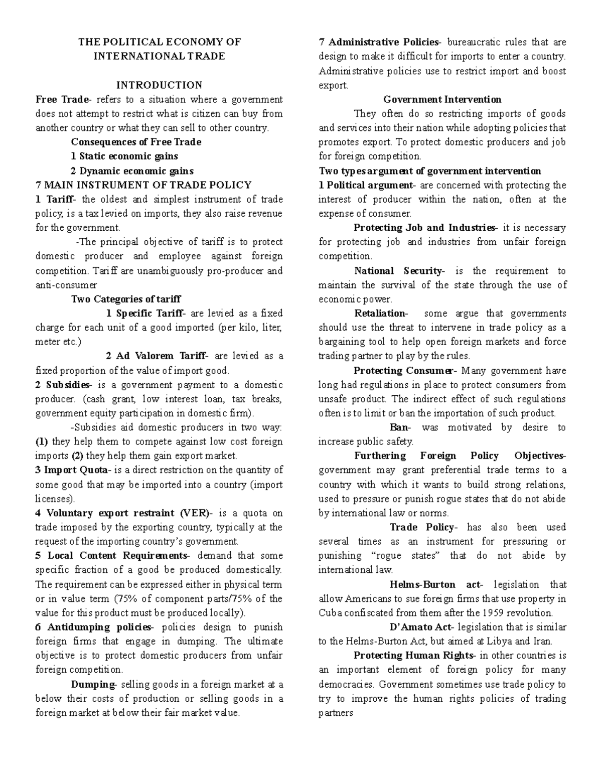 Chapter 5 INTL Trade - LECTURE - THE POLITICAL ECONOMY OF INTERNATIONAL ...