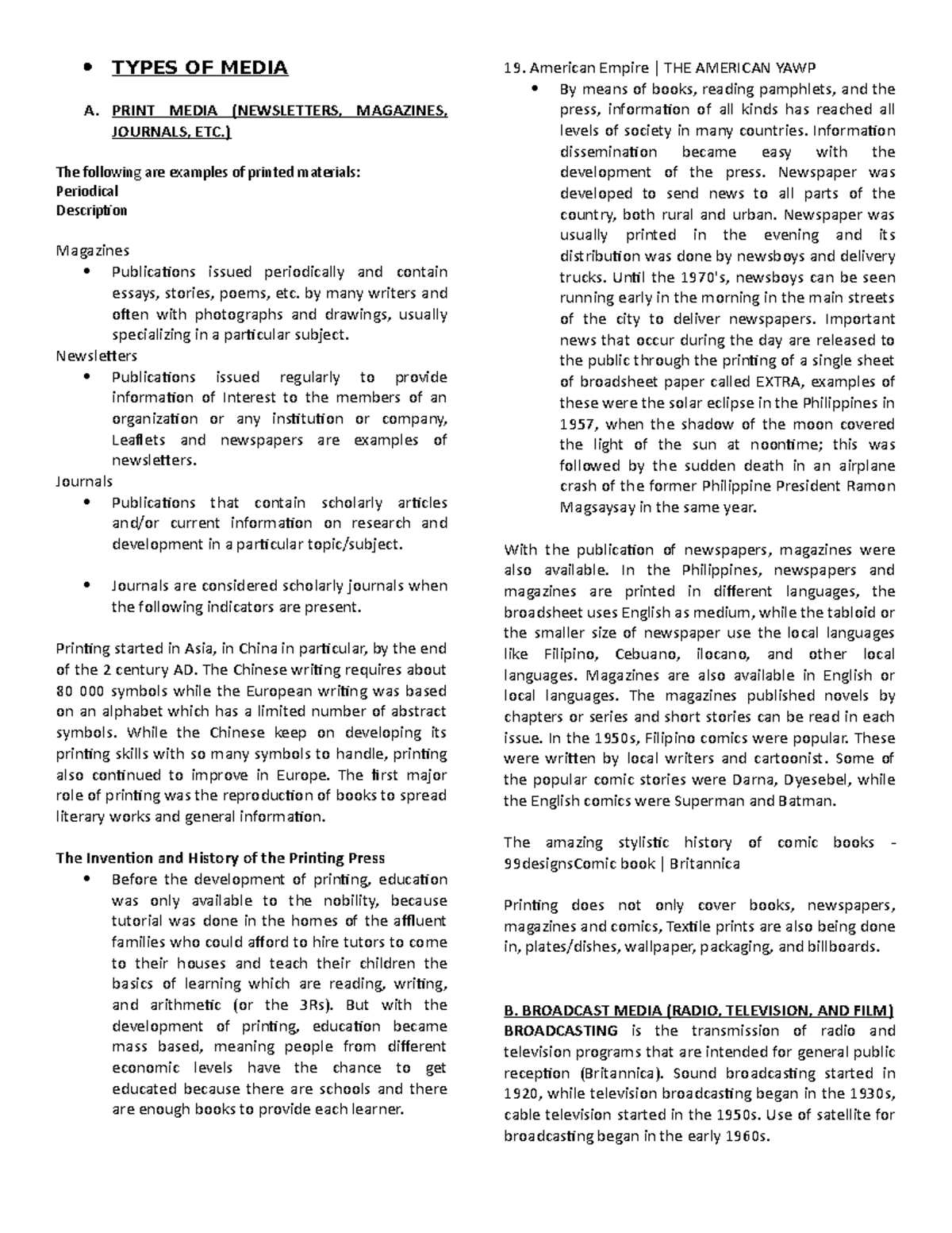 Media and Information Literacy 1 - TYPES OF MEDIA A. PRINT MEDIA ...