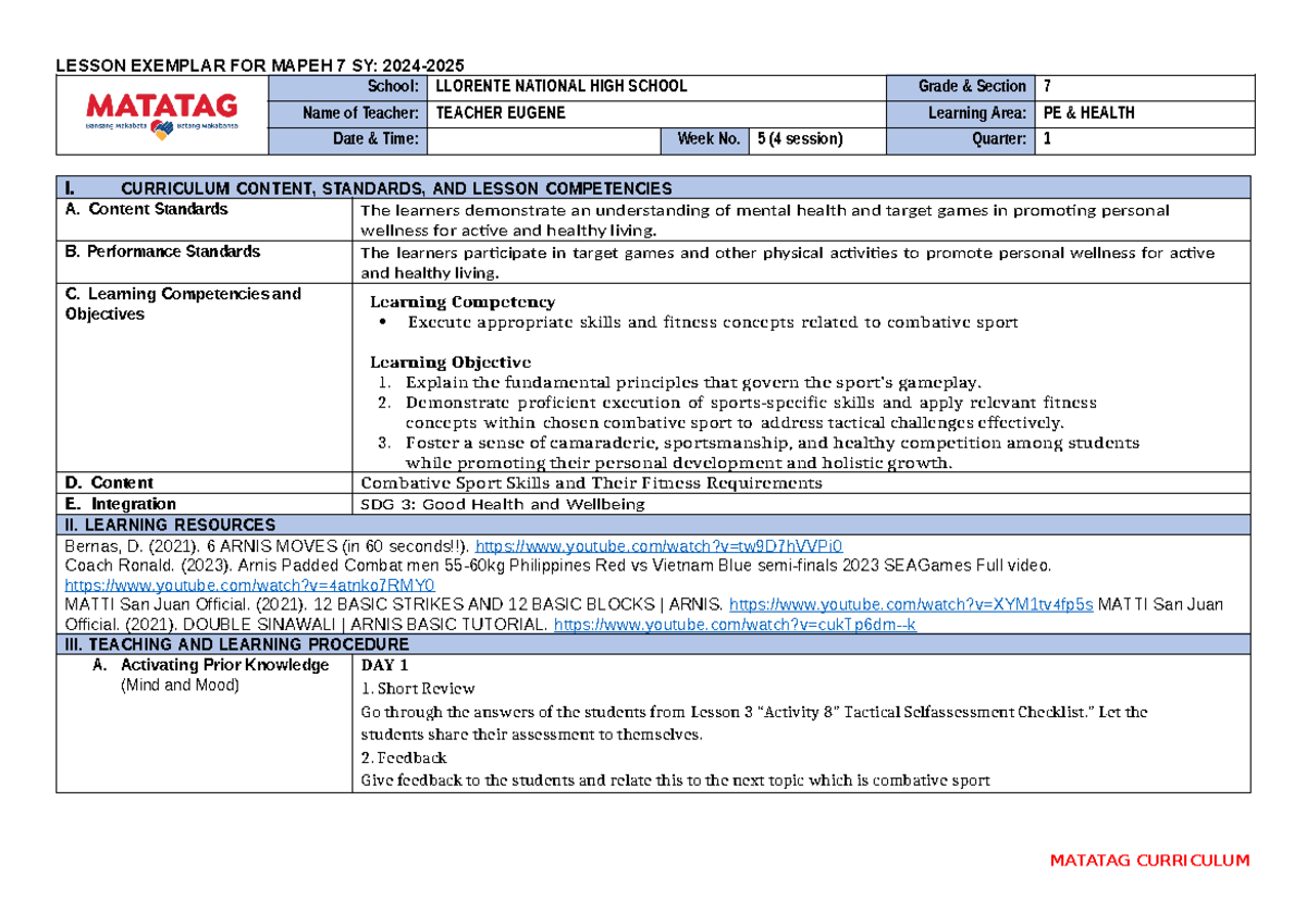 Q1 LE PE Health 7 WEEK 5 - lesson exemplar - School: LLORENTE NATIONAL ...