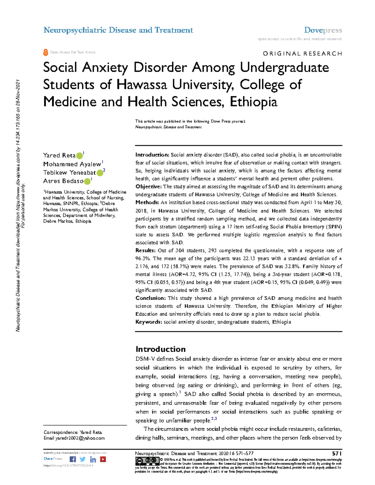 Ndt 235416 social anxiety disorder among undergraduate students of hawa ...