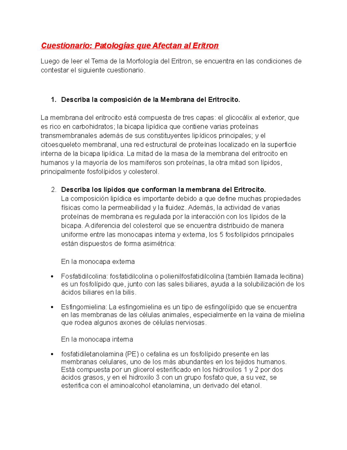 Patologías del Eritron - Cuestionario: Patologías que Afectan al ...