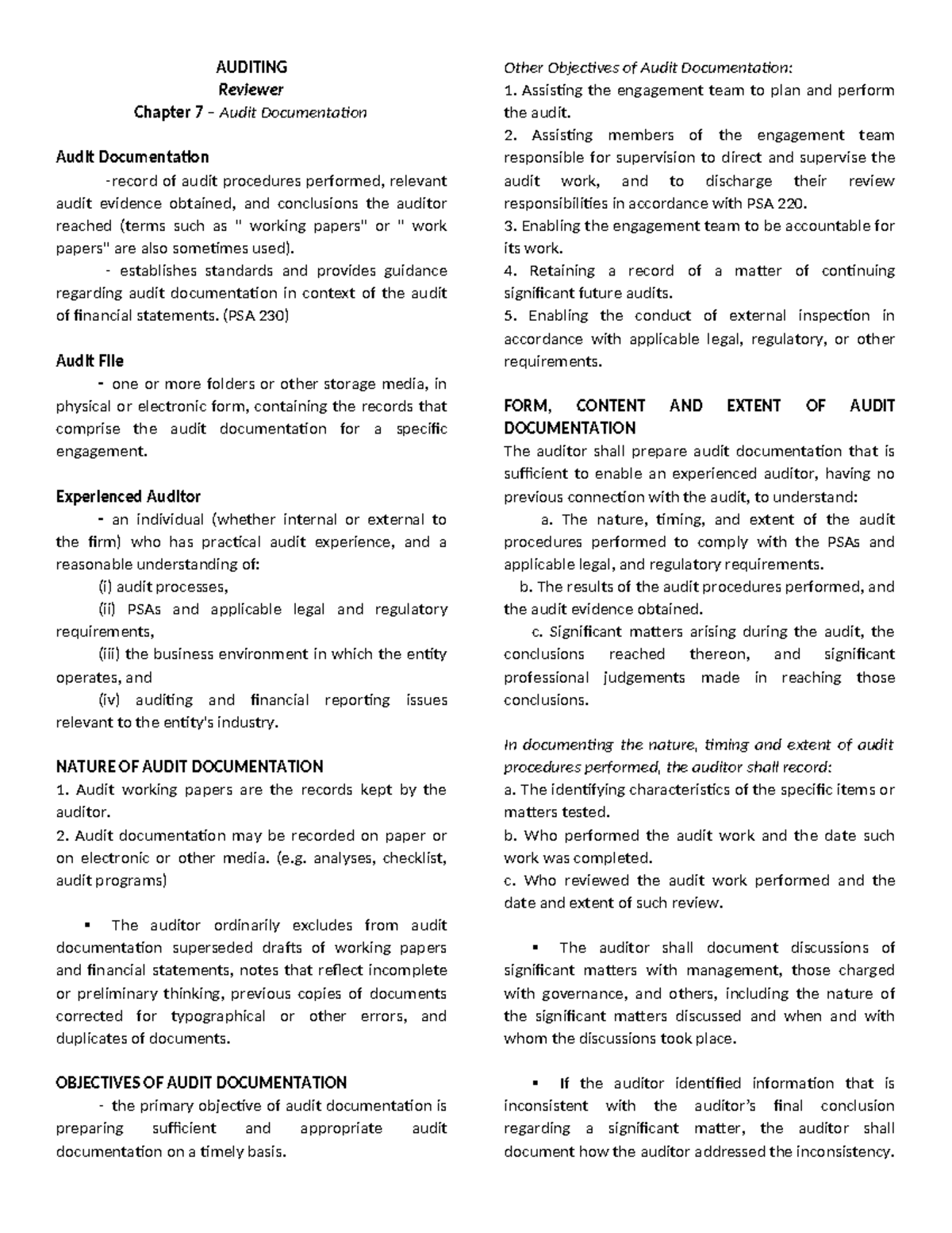 7 - 8 Reviewer - Summary Mathematics - AUDITING Reviewer Chapter 7 – Audit Documentation Audit ...