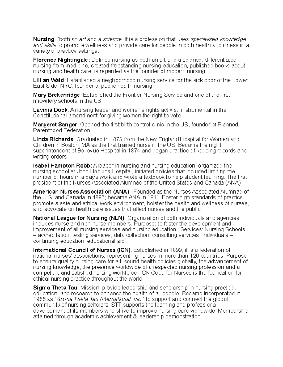 Exam I Study Guide - Lecture notes 1-6 - Nursing : “both an art and a ...