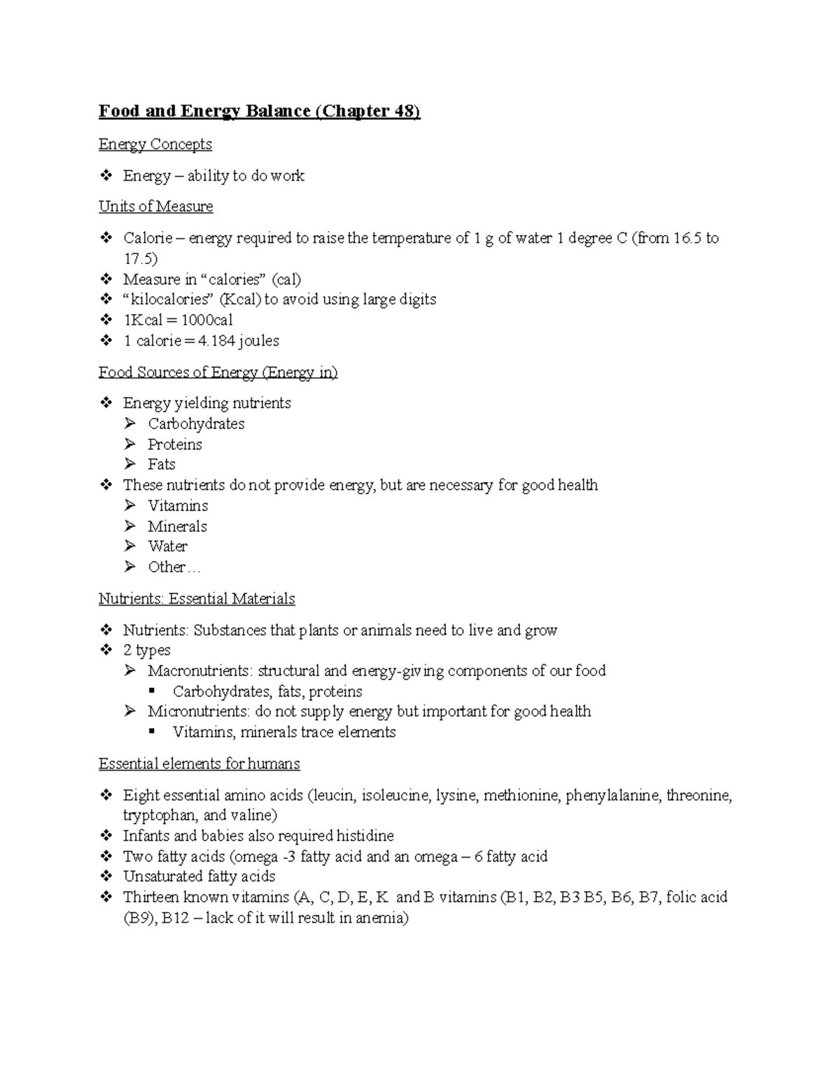 Food and Energy Balance - .. Nutrients: Essential Materials Nutrients ...