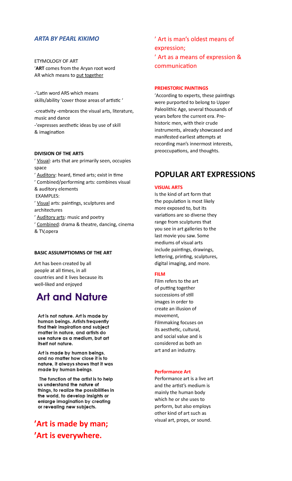 ARTA REV - ####### ARTA BY PEARL KIKIMO ETYMOLOGY OF ART ART comes from ...