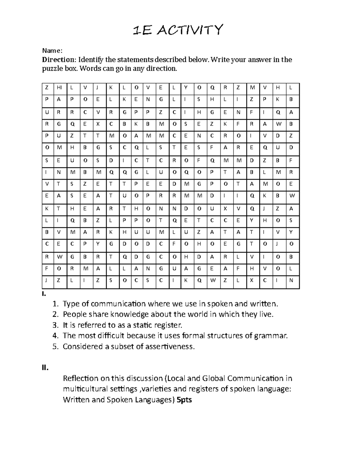 Activity puzzle - 1E ACTIVIT Y Name: Direction: Identify the statements ...