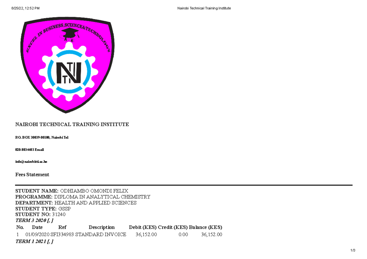 Nairobi Technical Training Institute - 8/25/22, 12:52 PM Nairobi ...