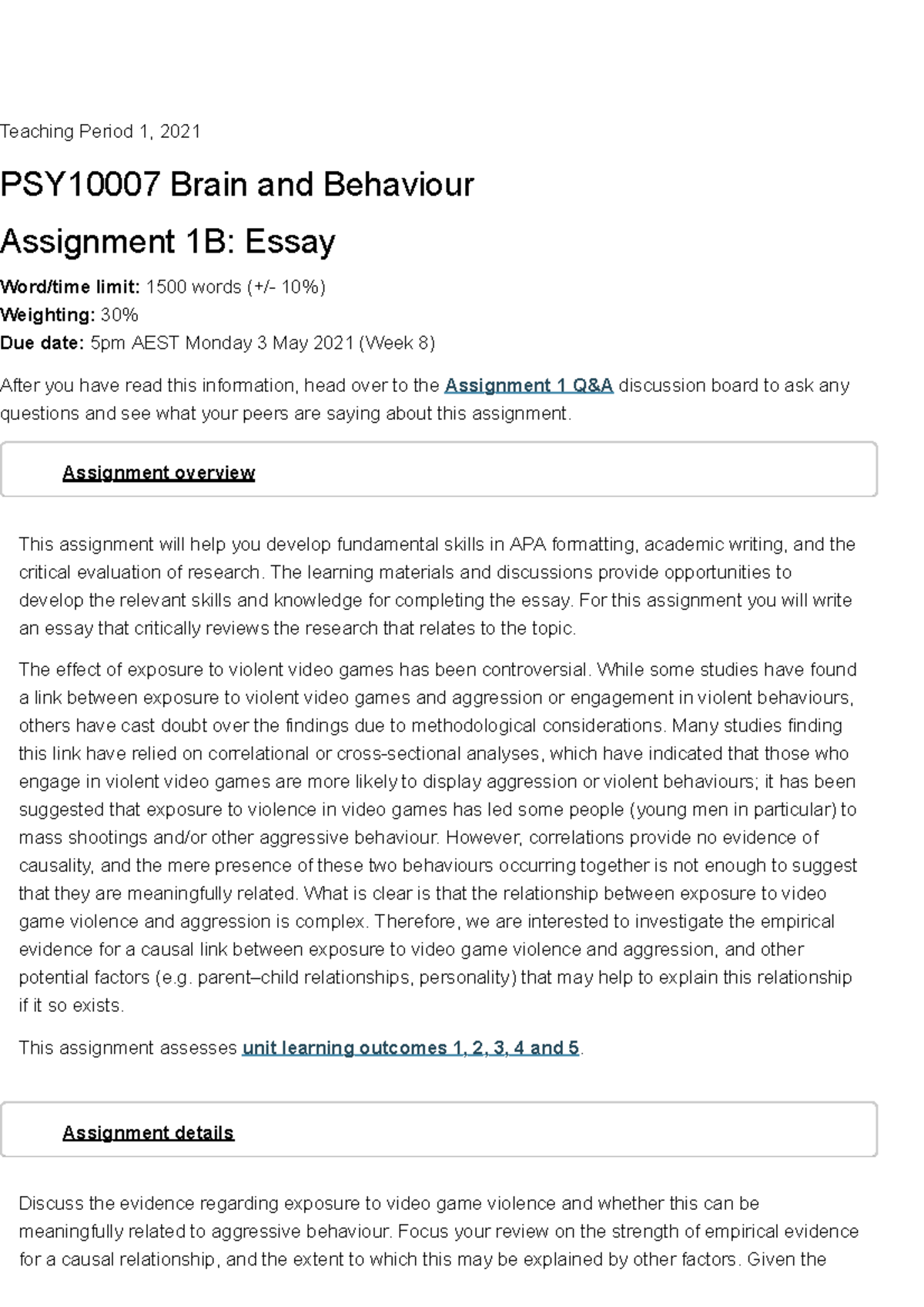 Assignment 1B Essay Assignment Overview - Teaching Period 1, 2021 ...