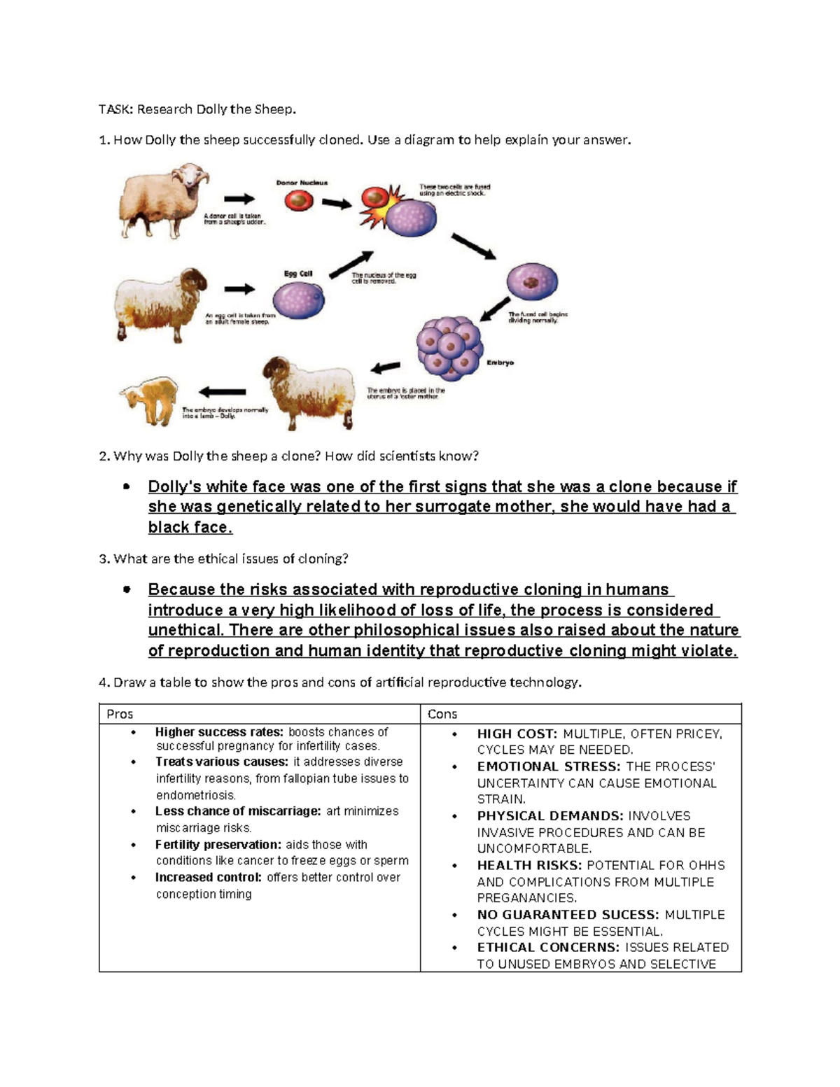 TASK Research Dolly the Sheep - 1. How Dolly the sheep successfully ...