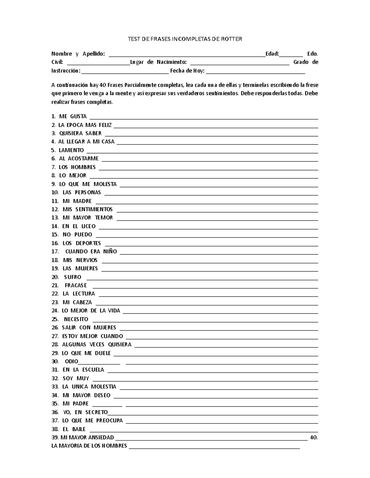 TEST DE Frases Incompletas DE Rotter - TEST DE FRASES INCOMPLETAS DE ...