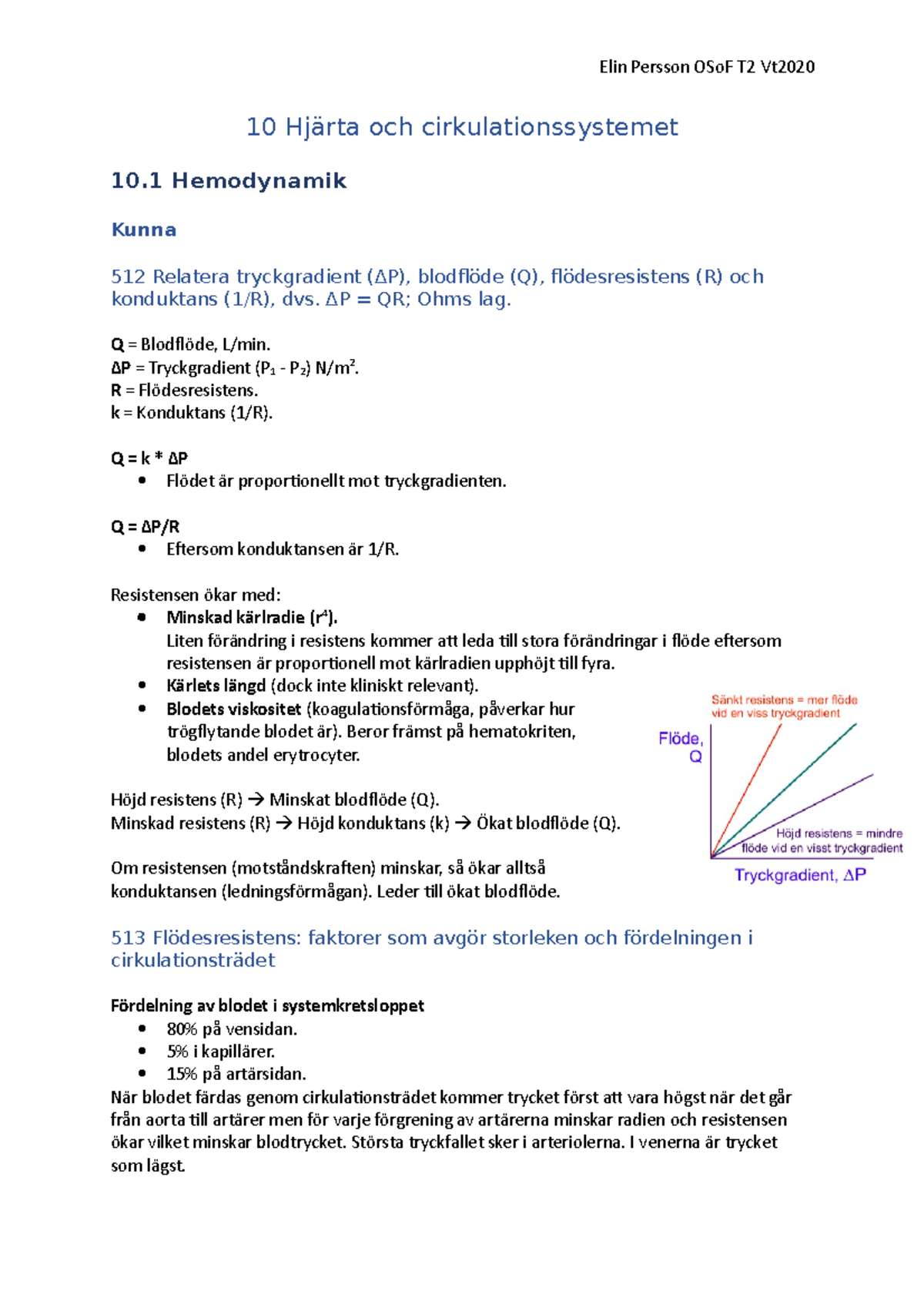 10 Hjärta och cirkulationssystemet - ∆P = QR; Ohms lag. Q = Blodlöde, L ...