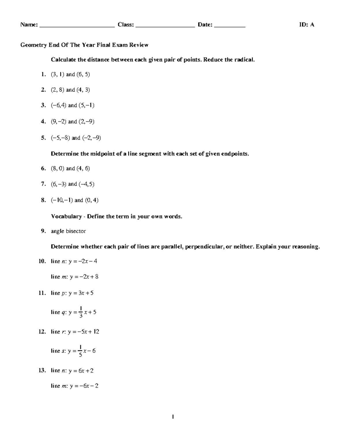 Geometry Final Exam Review - Name: ________________________ Class ...