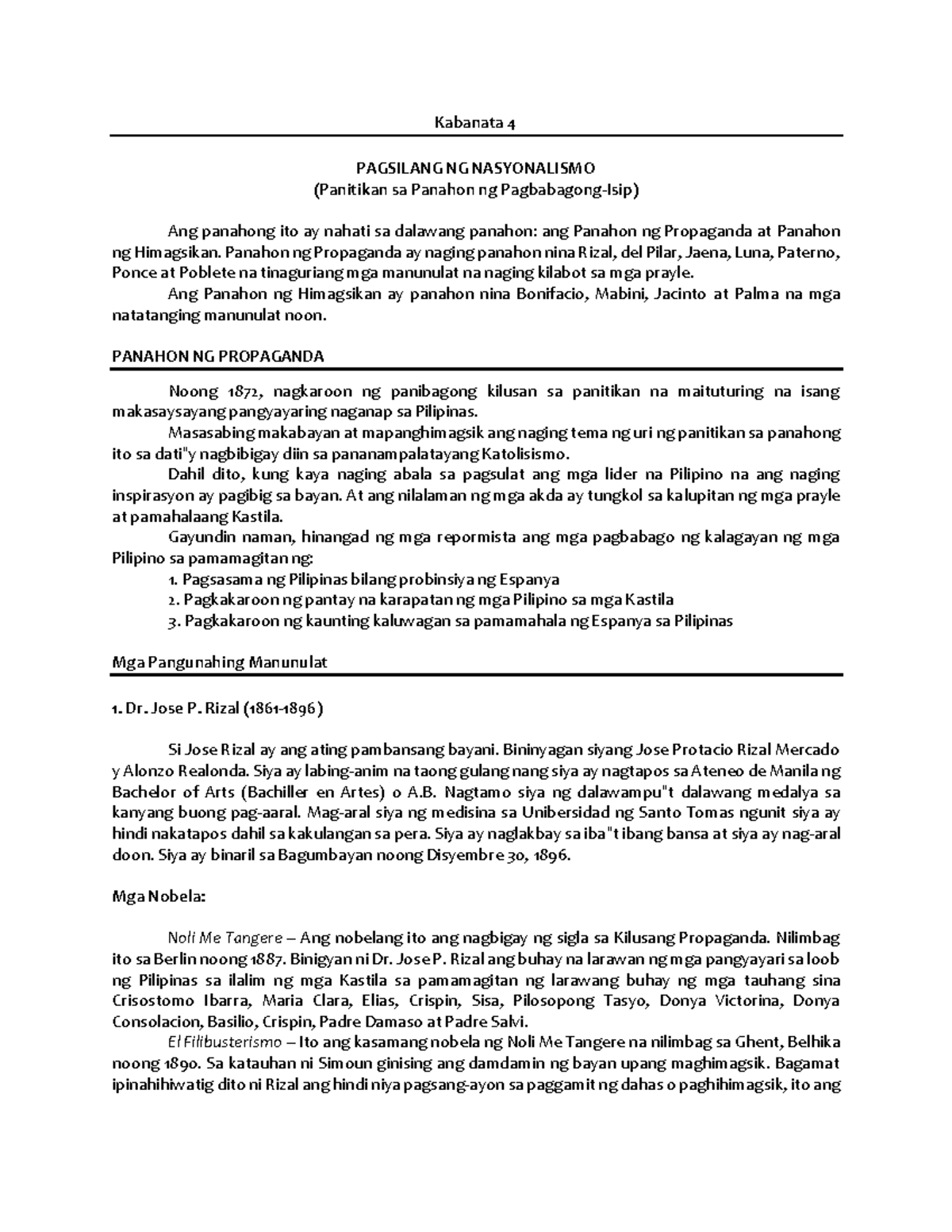 Panahon-ng-Propaganda - Kabanata 4 PAGSILANG NG NASYONALISMO (Panitikan sa Panahon ng - Studocu