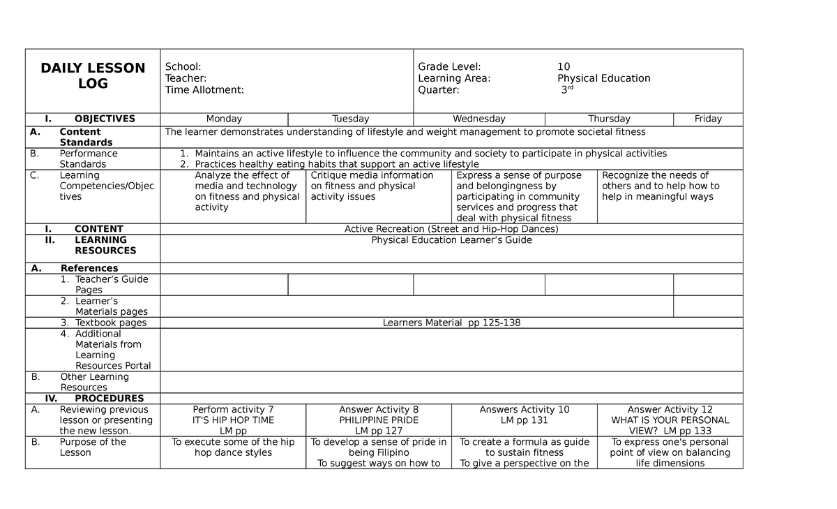PHYSICAL EDUCATION - DAILY LESSON LOG School: Teacher: Time Allotment ...