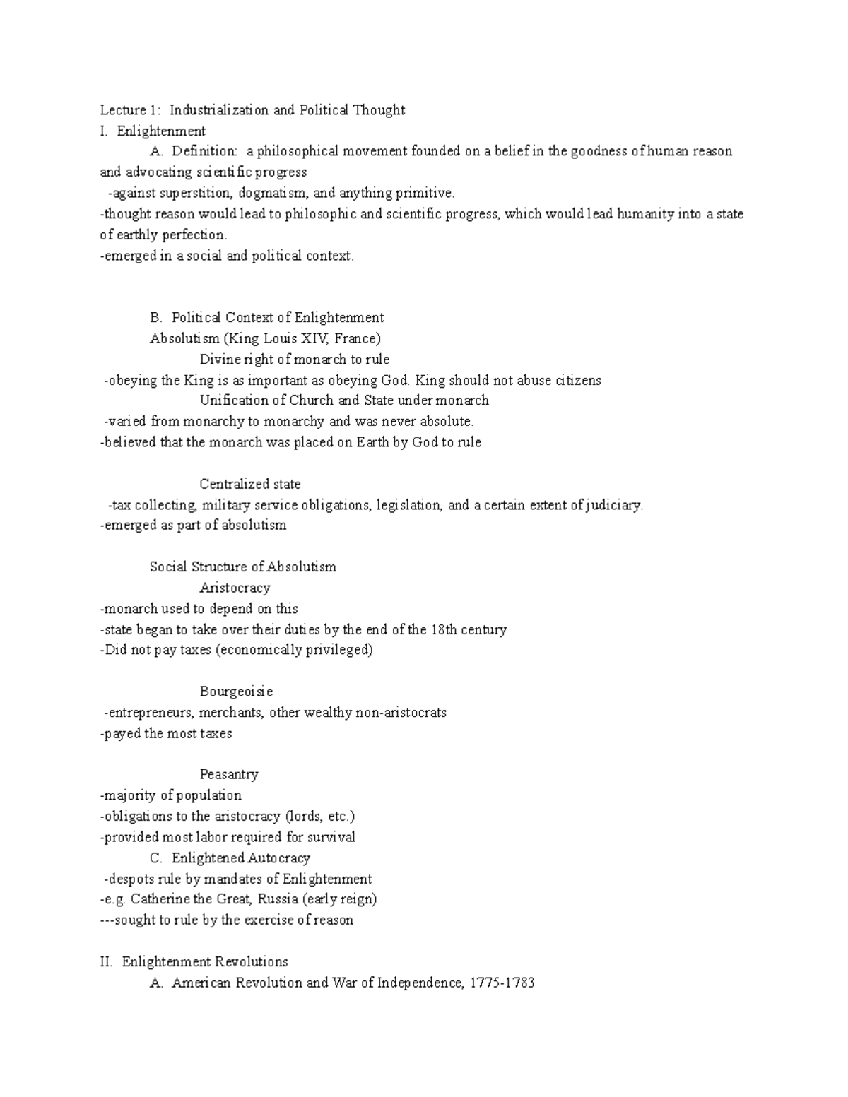 Lecture 1 Industrialization and Political Thought - Enlightenment A ...