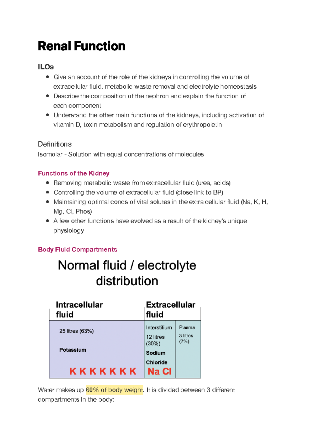 Renal Function - Re n a l F u n c t i o n ILOs Definitions Isomolar ...