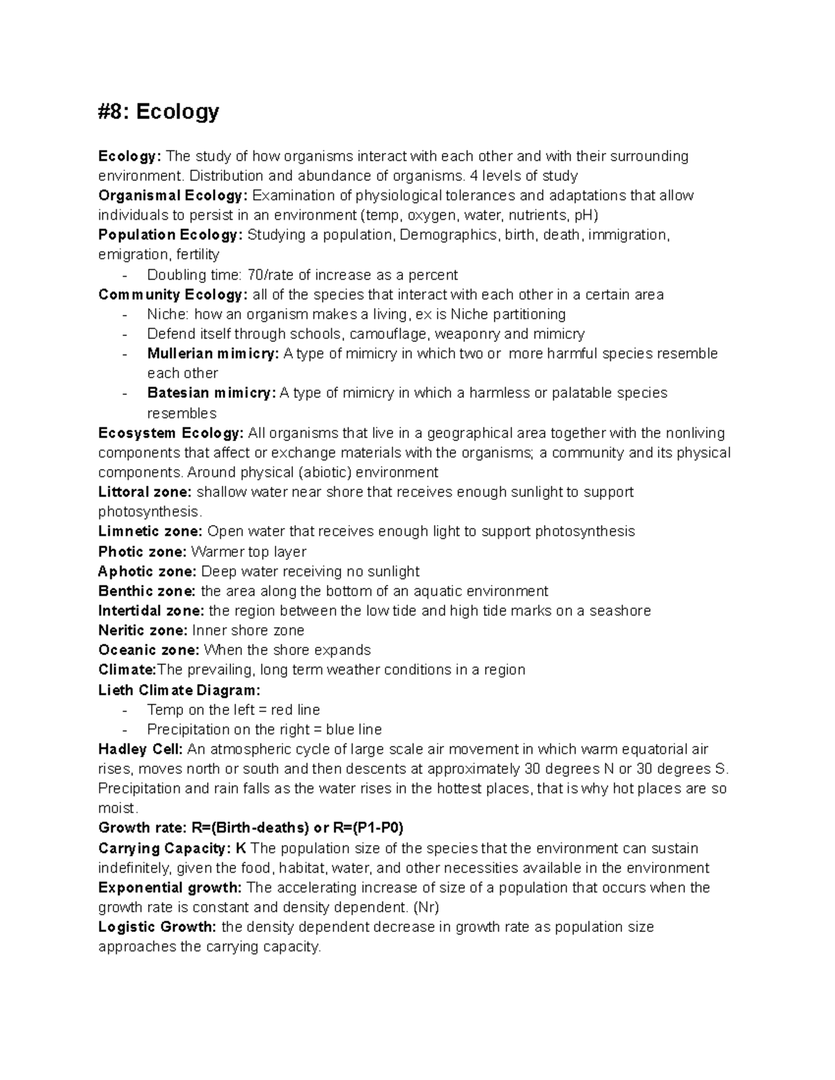 Biology 1610- What to know - 8 - Ecology Ecology: The study of how ...