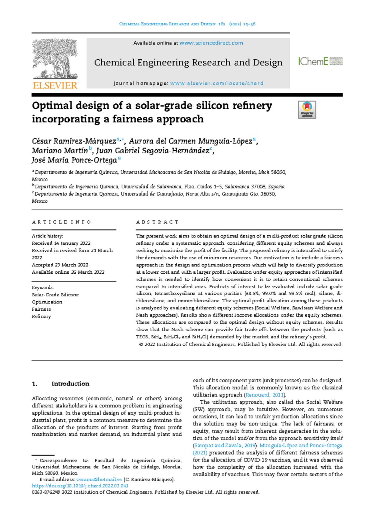 Optimal design of a solar-grade silicon refinery incorporating a ...