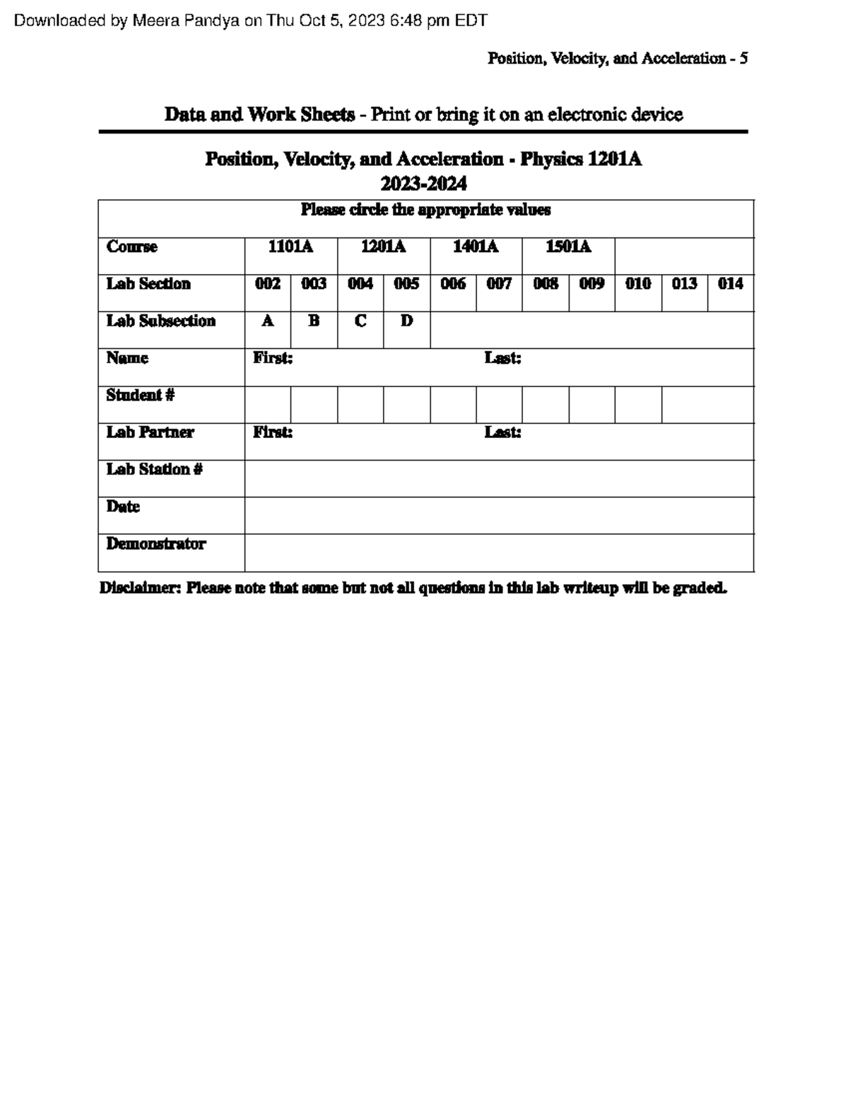 PVA worksheets 1201 - Physics 1201 - Studocu