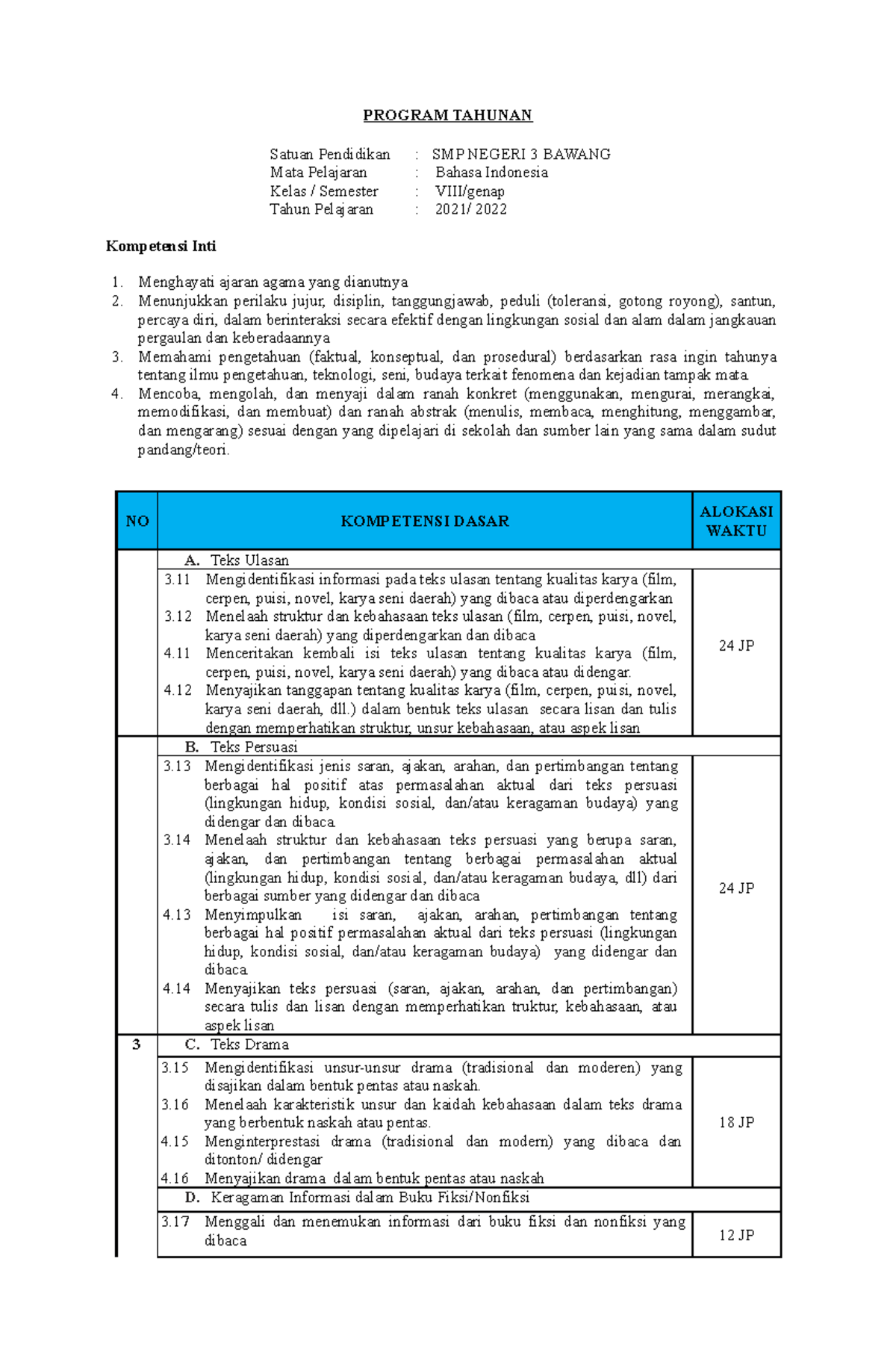 3. Program Tahunan (Genap) - PROGRAM TAHUNAN Satuan Pendidikan : SMP ...