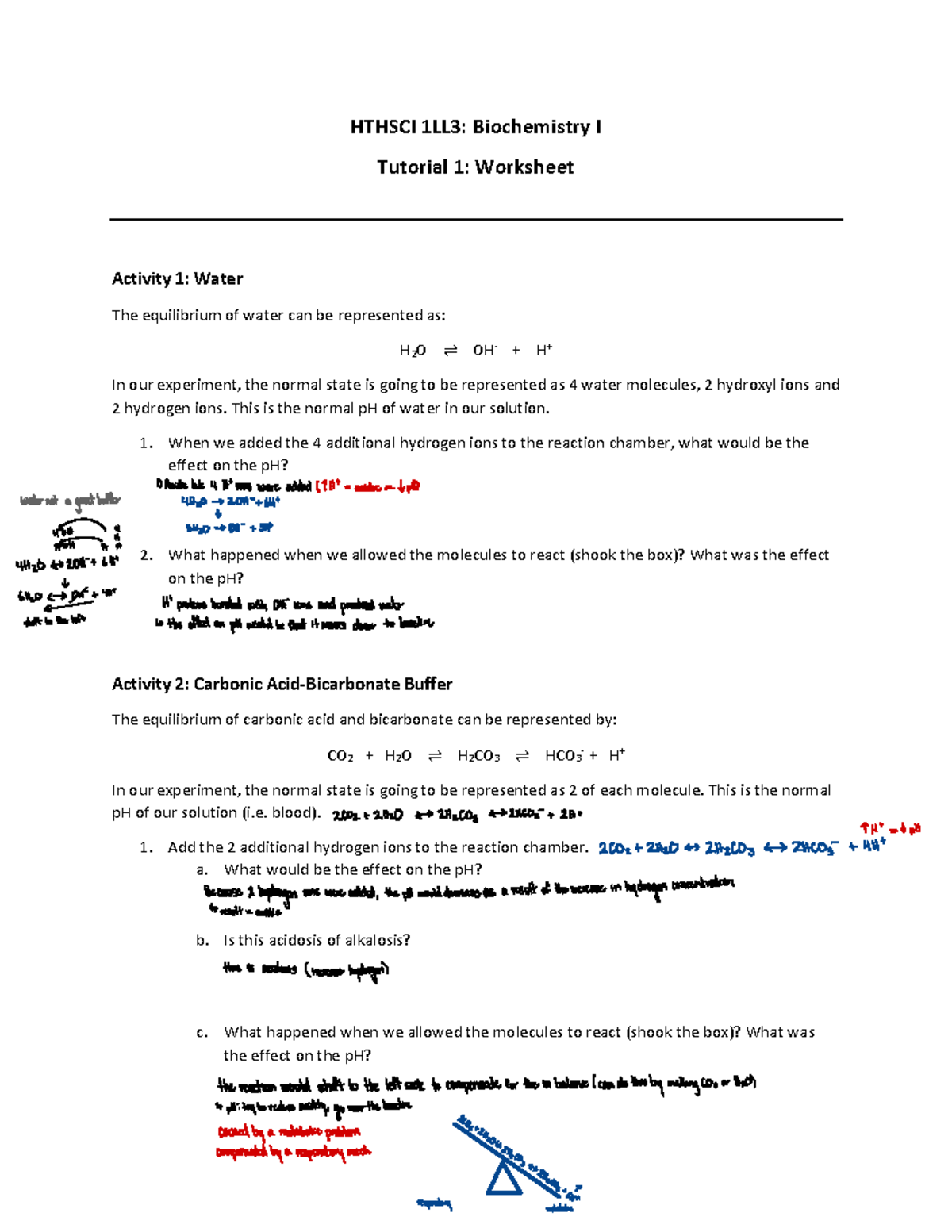 Biochemistry tutorial 1 - HTHSCI 1LL3: Biochemistry I Tutorial 1 ...
