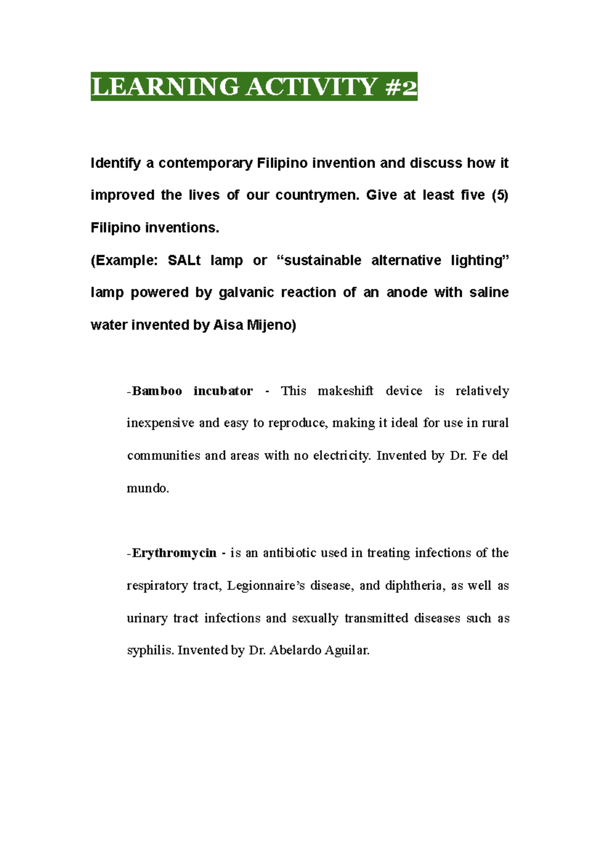 Learning Activity 2 - Contemporary filipino inventions - LEARNING ...