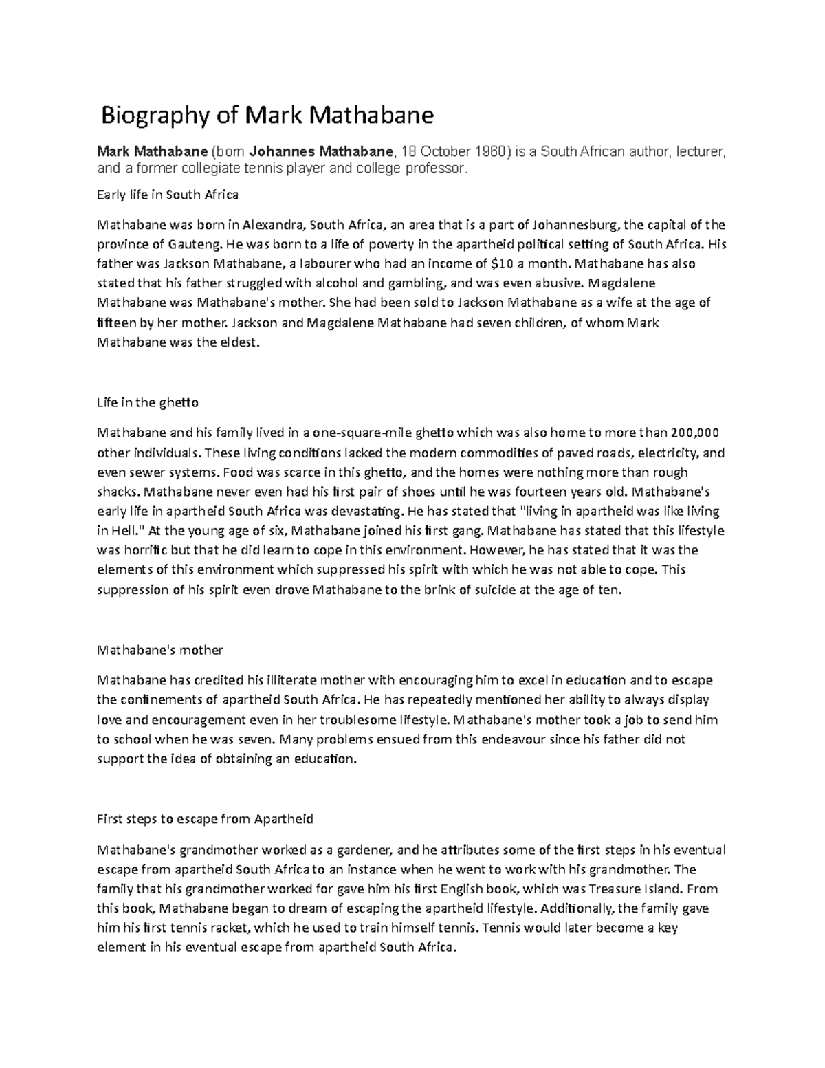 Biography of Mark Mathabane - Early life in South Africa Mathabane was ...