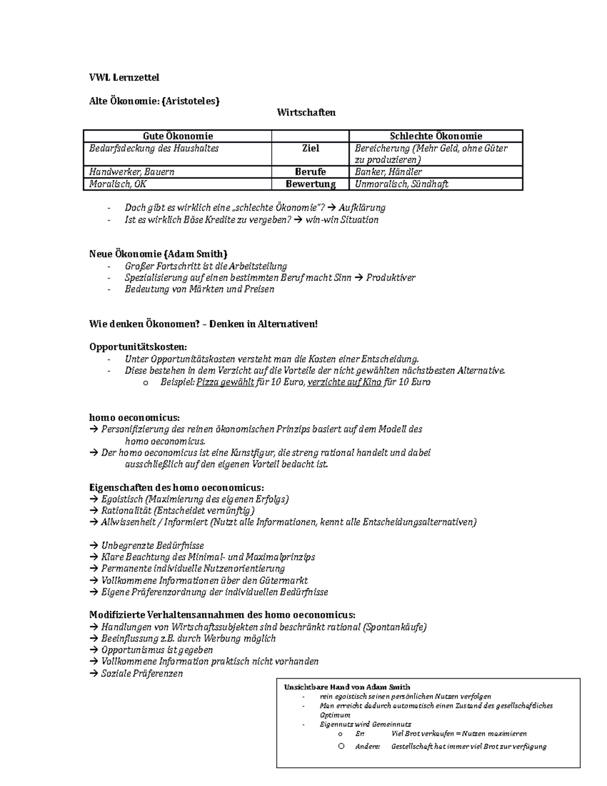 VWL Lernzettel - Zusammenfassung Volkswirtschaftslehre - VWL Lernzettel Alte Ökonomie ...