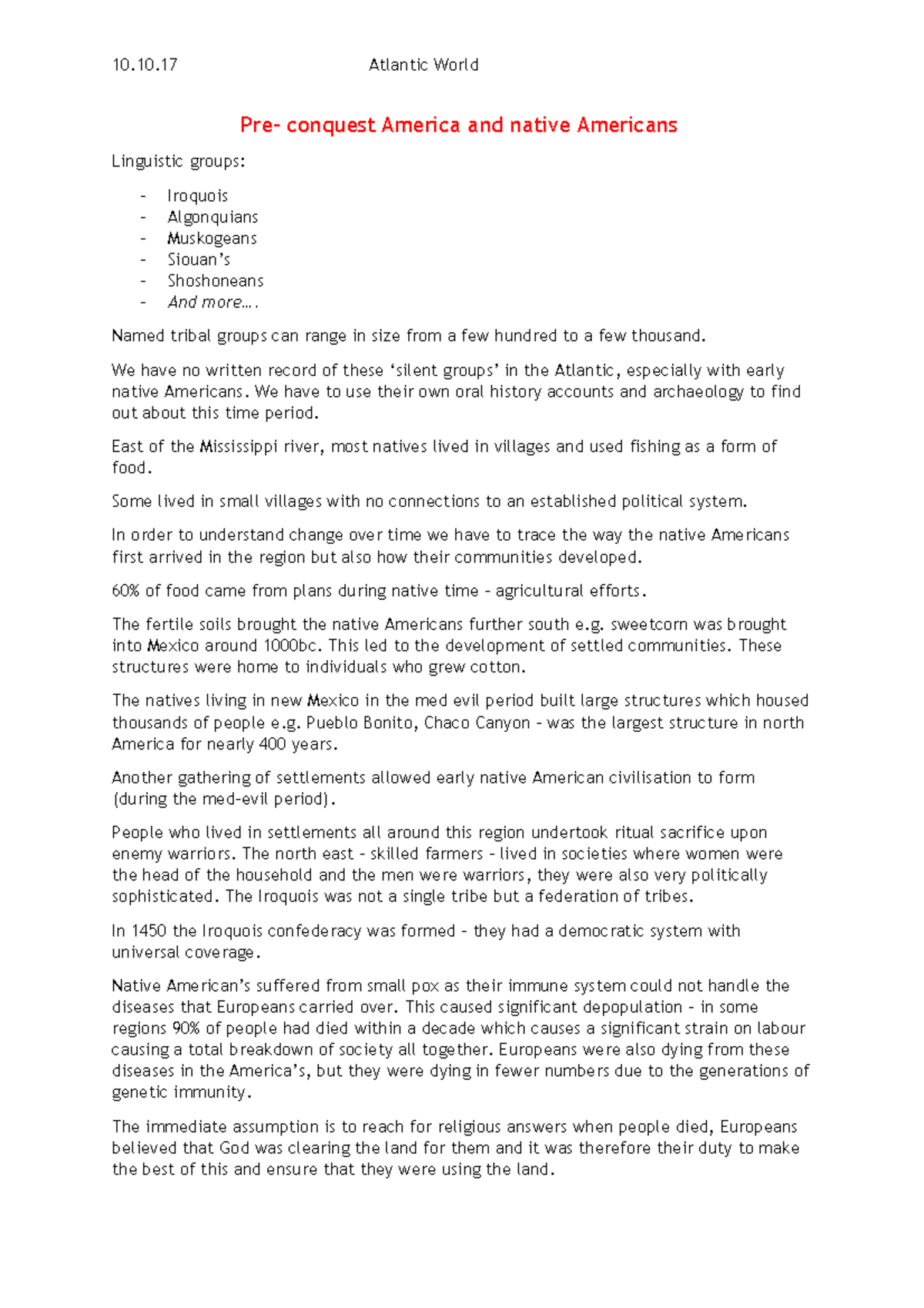 6- Native Americans - Lecture notes - 10.10 Atlantic World Pre ...