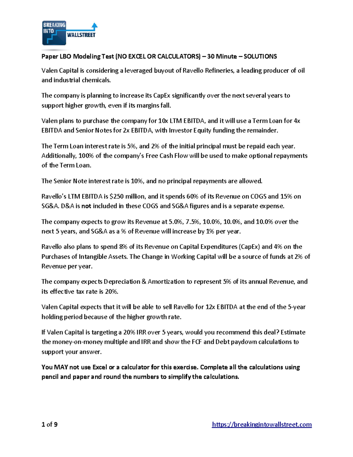 12 06 Paper LBO Case 30 Minutes Solutions - Paper LBO Modeling Test (NO ...