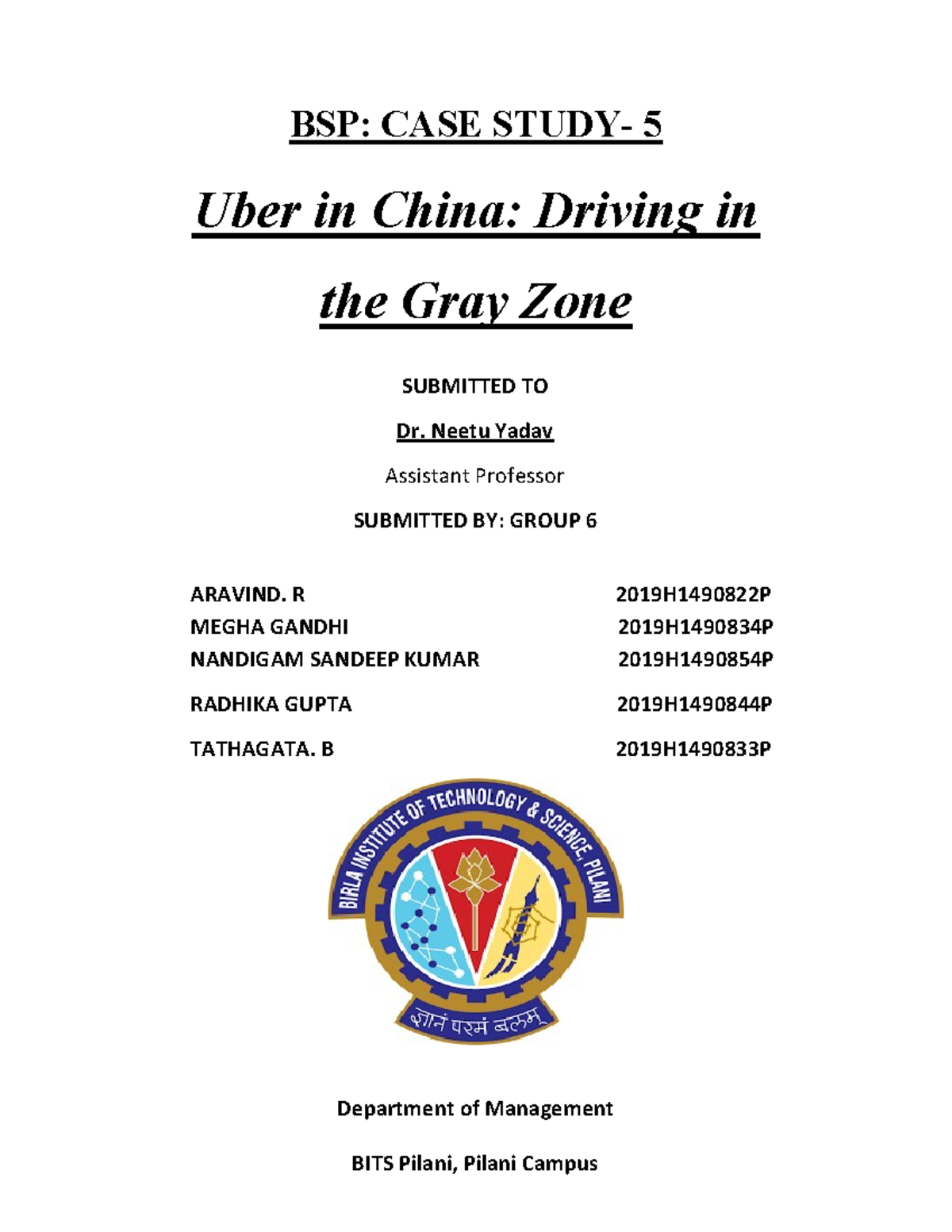Pdfcoffee - Good - BSP: CASE STUDY- 5 Uber in China: Driving in the Gray Zone SUBMITTED TO Dr ...