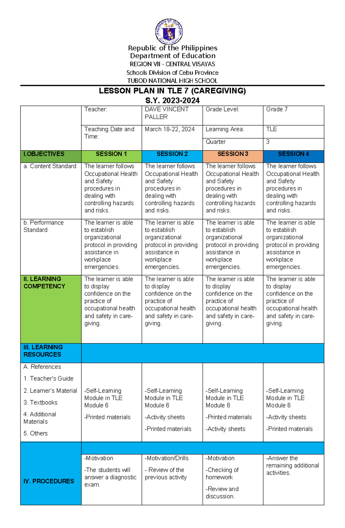 DLL in TLE Week8 - Learning Log for Caregiving - Republic of the ...
