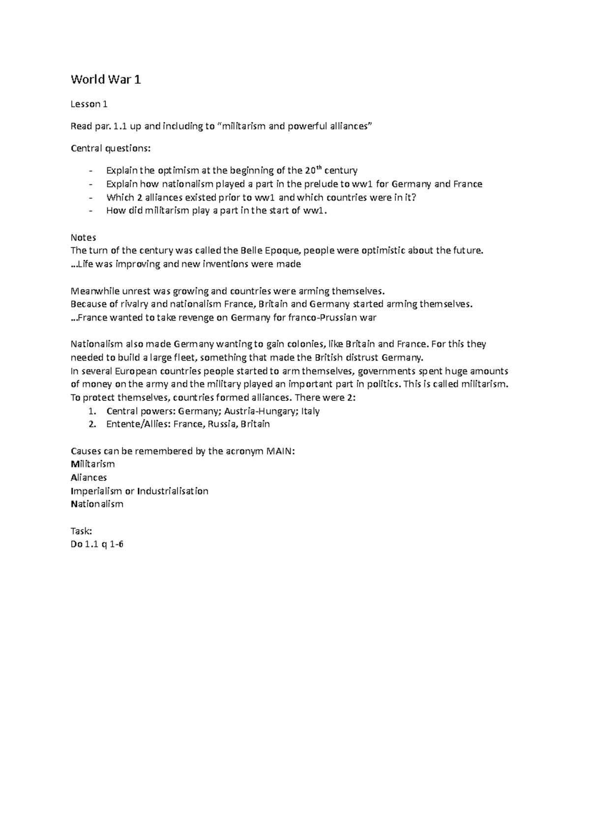 Thv3 ww1 notes - tto - World War 1 Lesson 1 Read par. 1 up and ...