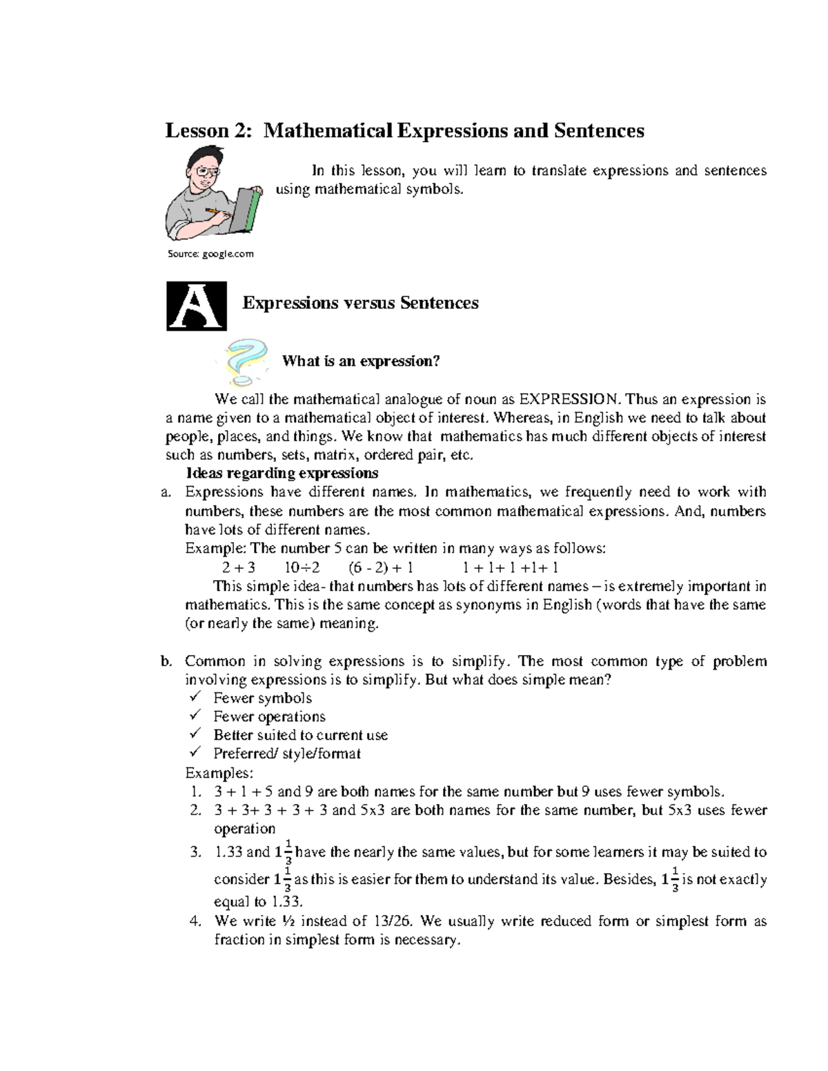 Lesson 2. Mathematical Expressions and Sentences - Lesson 2 ...