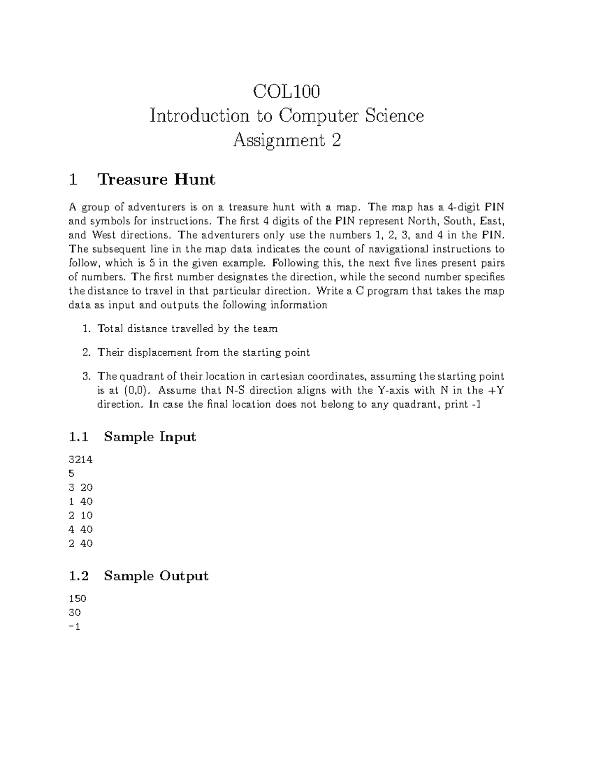COL 100 Assignment 2 - Col 100 - COL Introduction to Computer Science Assignment 2 1 Treasure ...