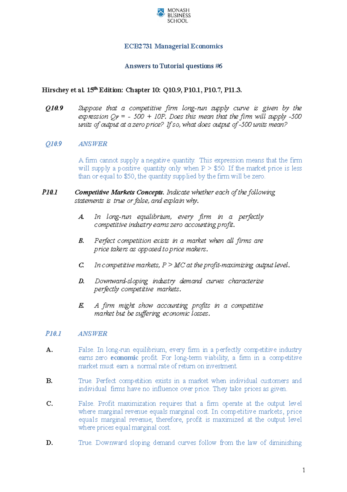 Answers to Tutorial questions #6 Competitive markets - ECB2731 ...
