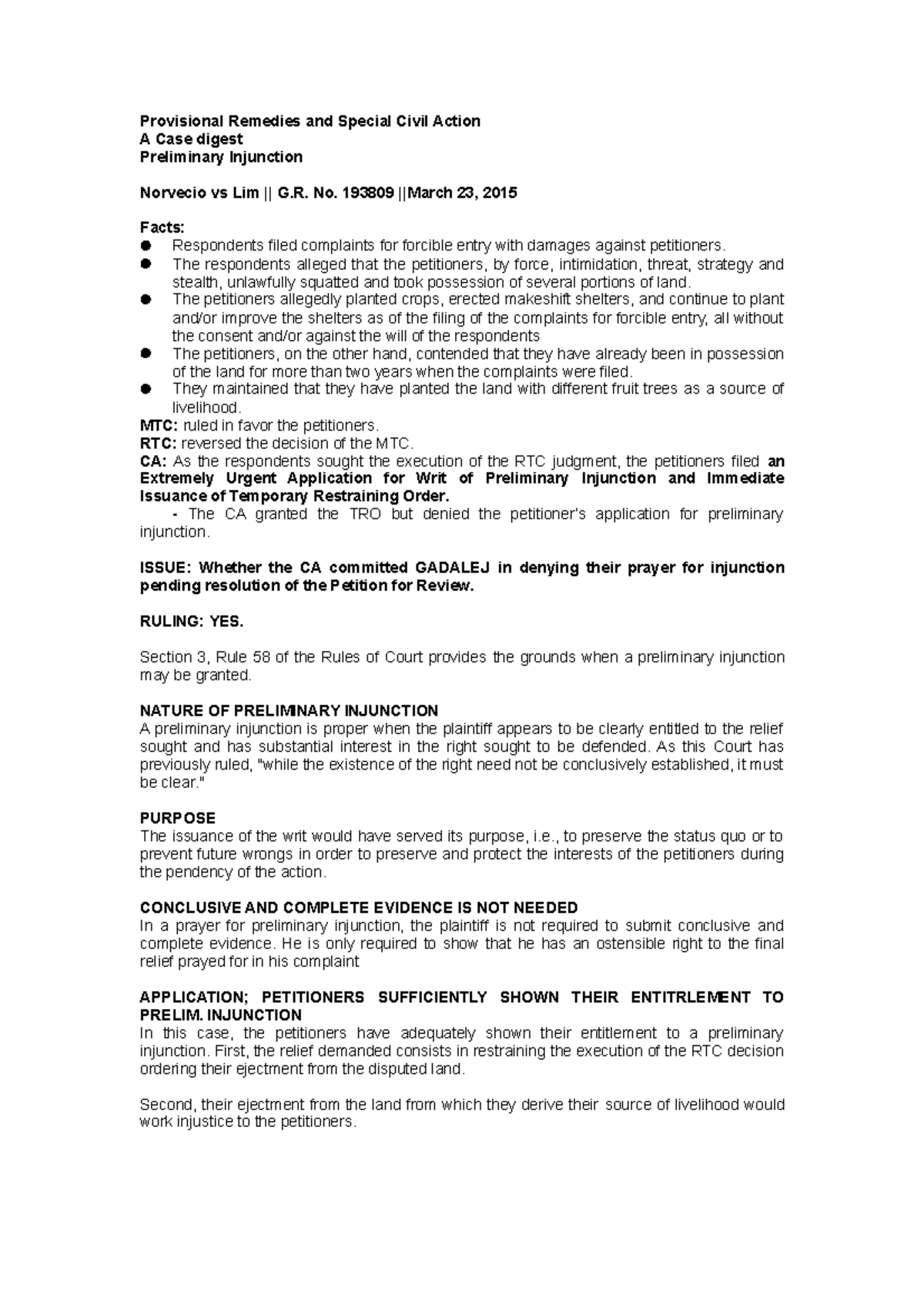 Novecio vs Lim GR No 193809 A Case Digest - Provisional Remedies and ...
