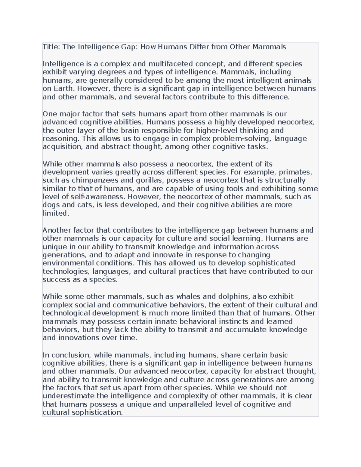 The Intelligence Gap - How Humans Differ from Other Mammals - Title ...