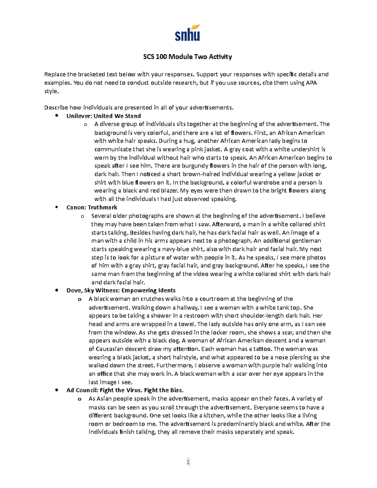 SCS 100 Module Two Activity - SCS 100 Module Two Activity Replace the ...