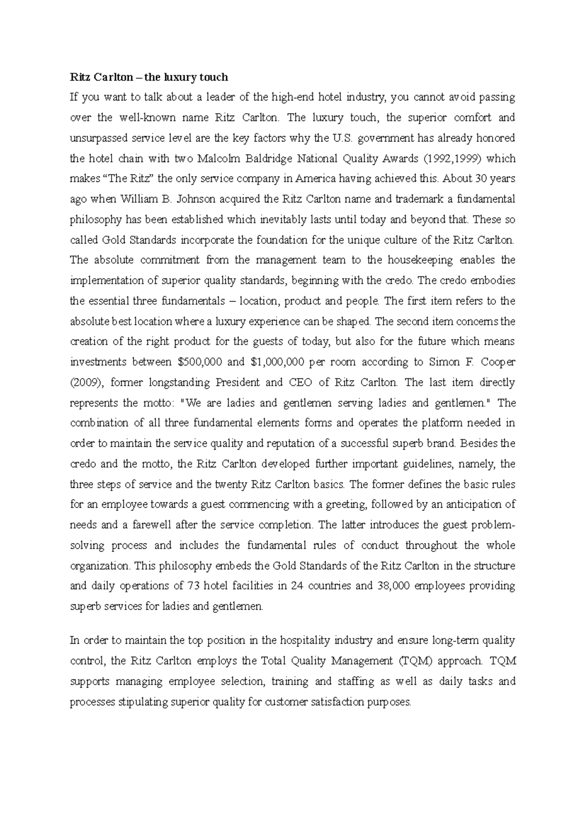 Ritz Ratz - Assignment for RTA 101 - Ritz Carlton – the luxury touch If ...