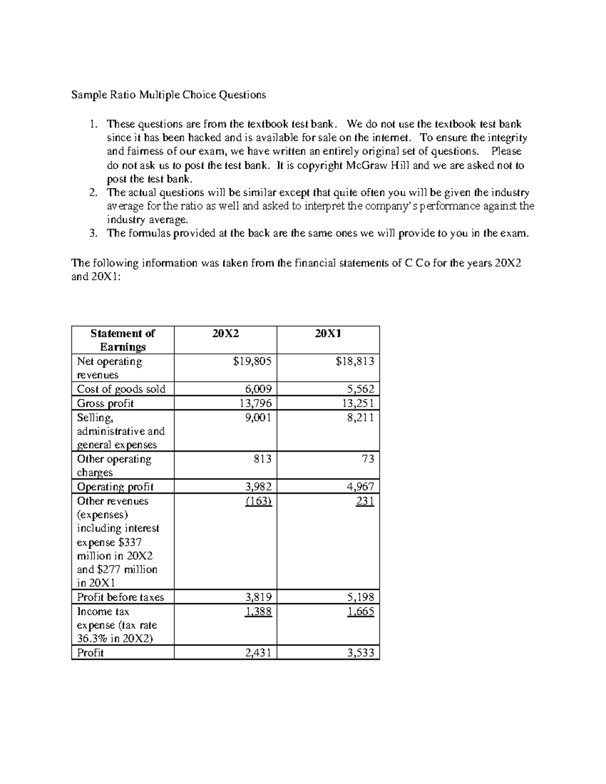 Sample Ratio Multiple Choice Questions - We do not use the textbook ...