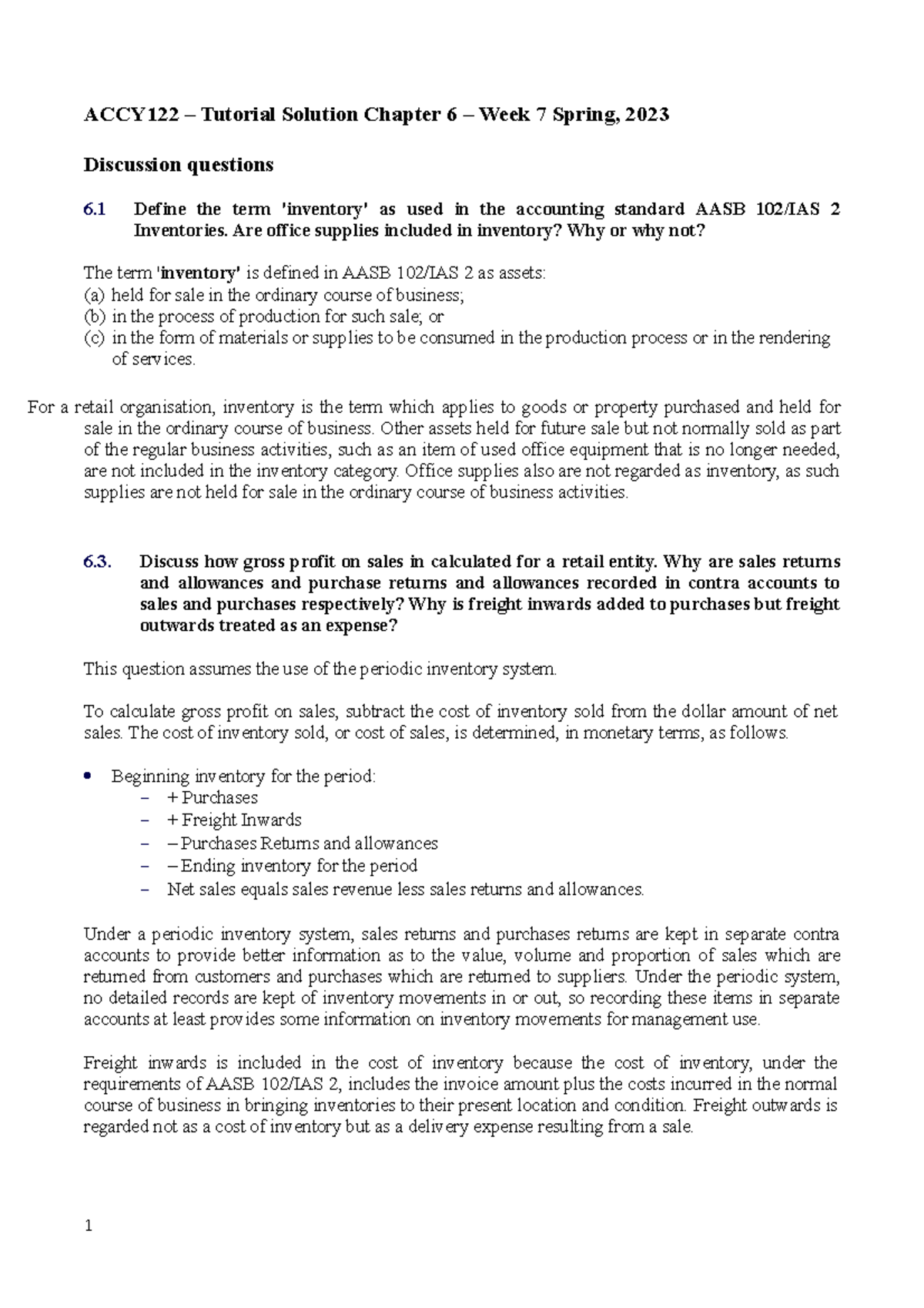 ACCy122- w7 2023S Tutorial Solutions - ACCY122 – Tutorial Solution Chapter 6 – Week 7 Spring ...