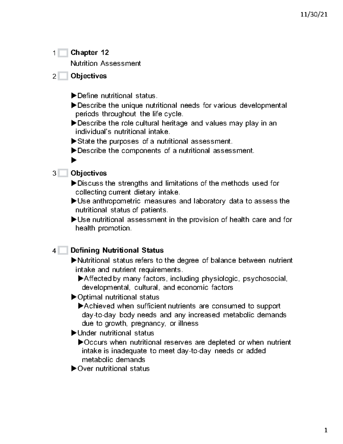 Nutritional Assessment outline - Chapter 12 Nutrition Assessment Objectives uDefine nutritional ...