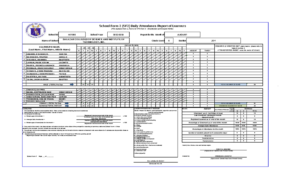 SF2 Print - School ID School Year Name of School 29 30 31 M T W TH F M ...